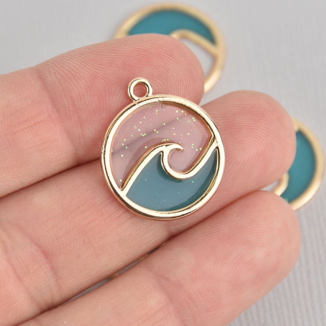 4 Beach Wave Charms Gold Plated Metal With Blue Resin 23mm Chs6869 - Etsy