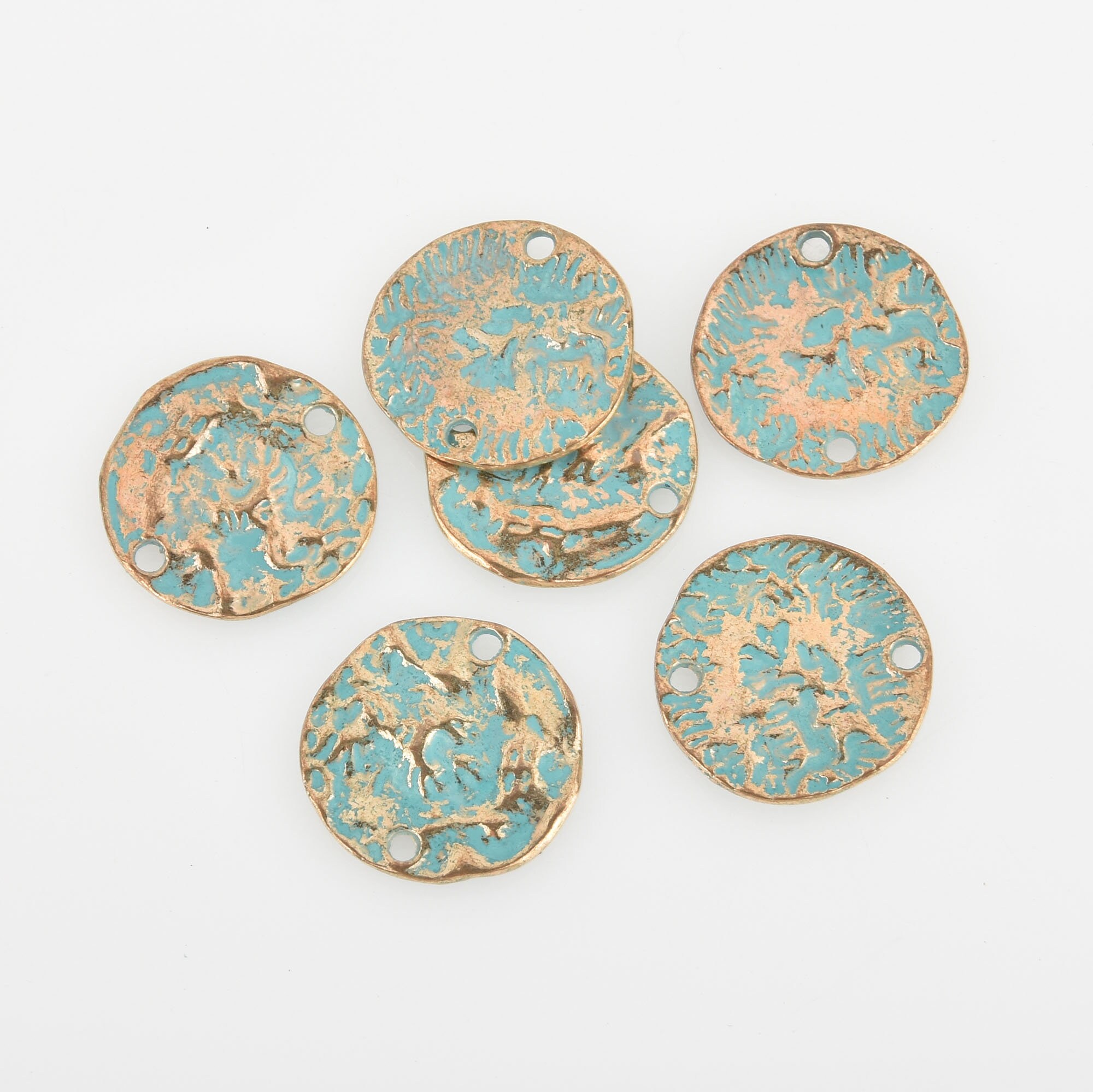 5 Gold Patina Hammered Coin Charms, Blue Green Verdigris, Connector ...
