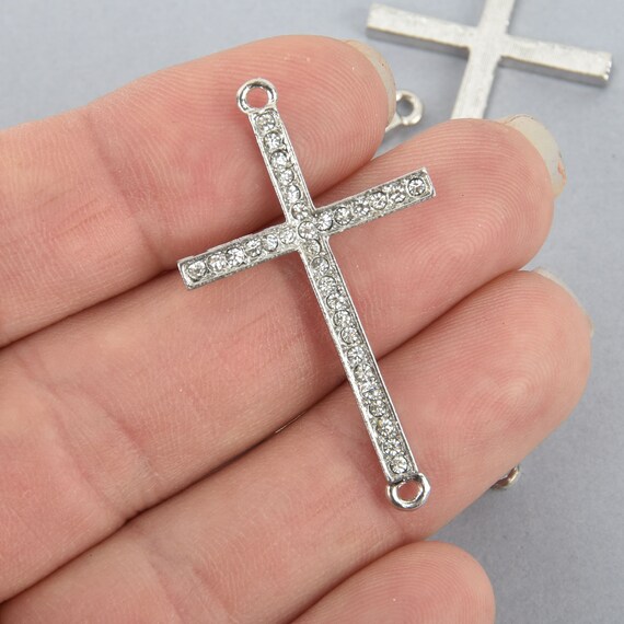 2 Silver Rhinestone Cross Charms Crystals Connector Link | Etsy