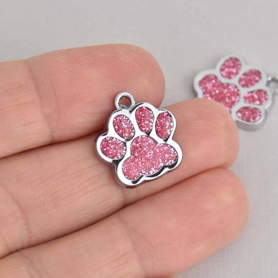 6 Light Pink Paw Print Charms Glitter Enamel with Silver | Etsy