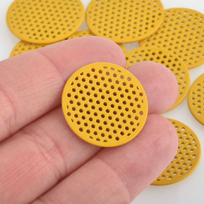 10 YELLOW Flat Round Charms, Perforated Filigree Findings 25mm, Chs5868 ...