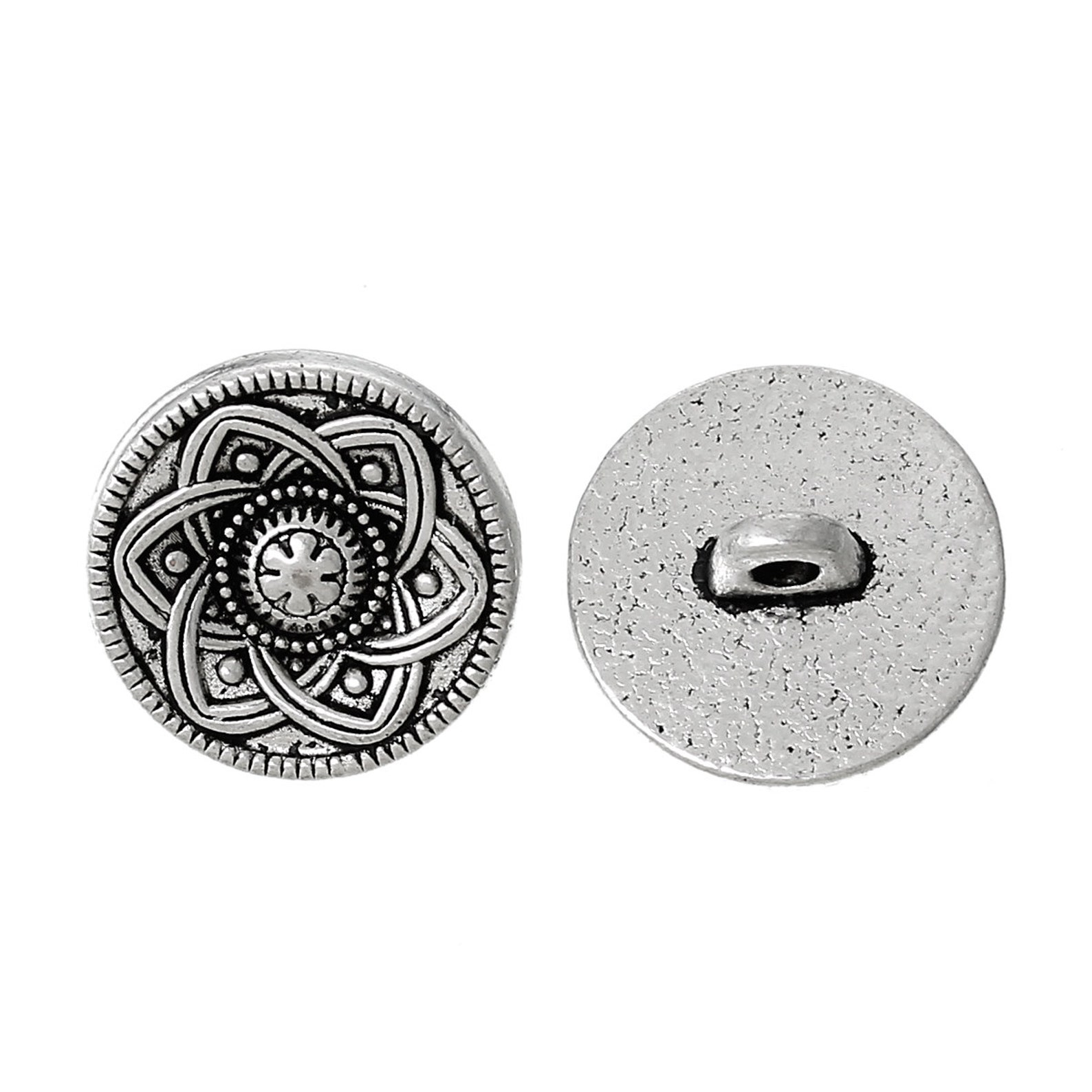 6 Antique Silver Metal Round FLOWER Circle Shank Buttons for Jewelry ...