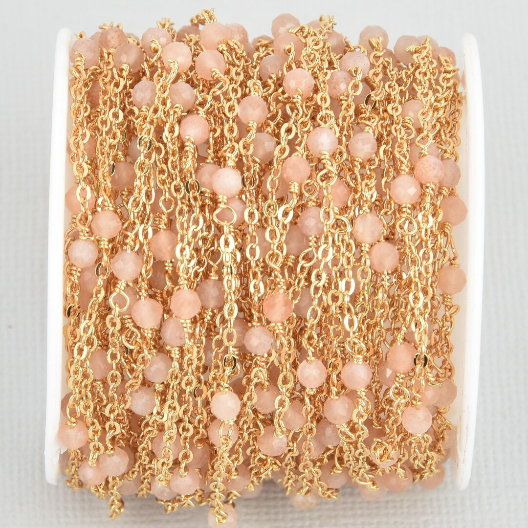 GOLD 22k Plated MOONSTONE Chain 3mm Pink Satellite Gemstone Cable Chain ...