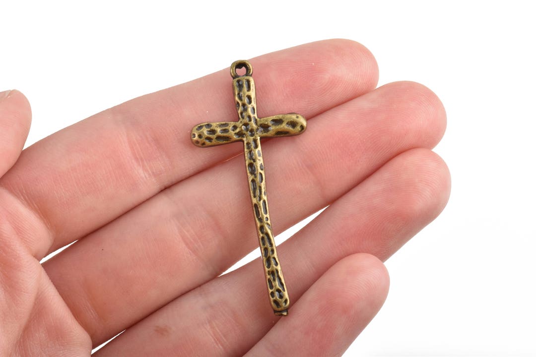 5 Bronze Cross Charms, Rustic Hammered Metal, Long Skinny Cross ...