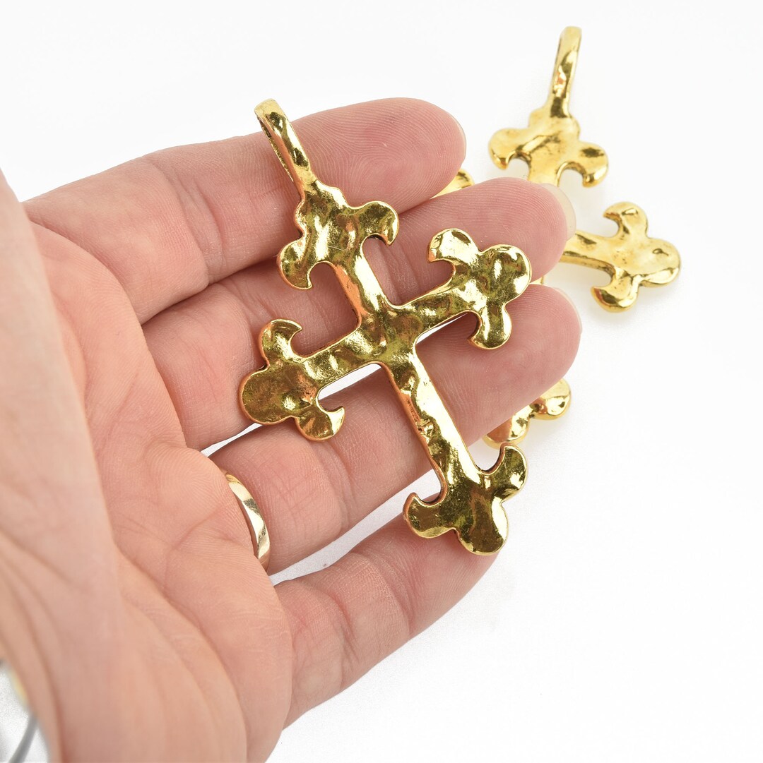 2 Gold Cross Fleury Relic Charms, Large Fleur De Lis Cross, Hammered ...