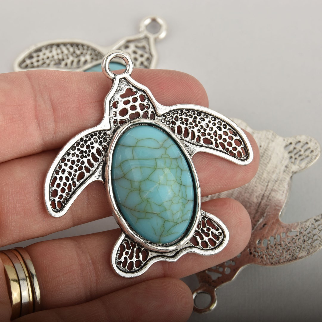 Large Turtle Pendant, Faux Turquoise Cabochon, Silver Metal, Chs6422 - Etsy