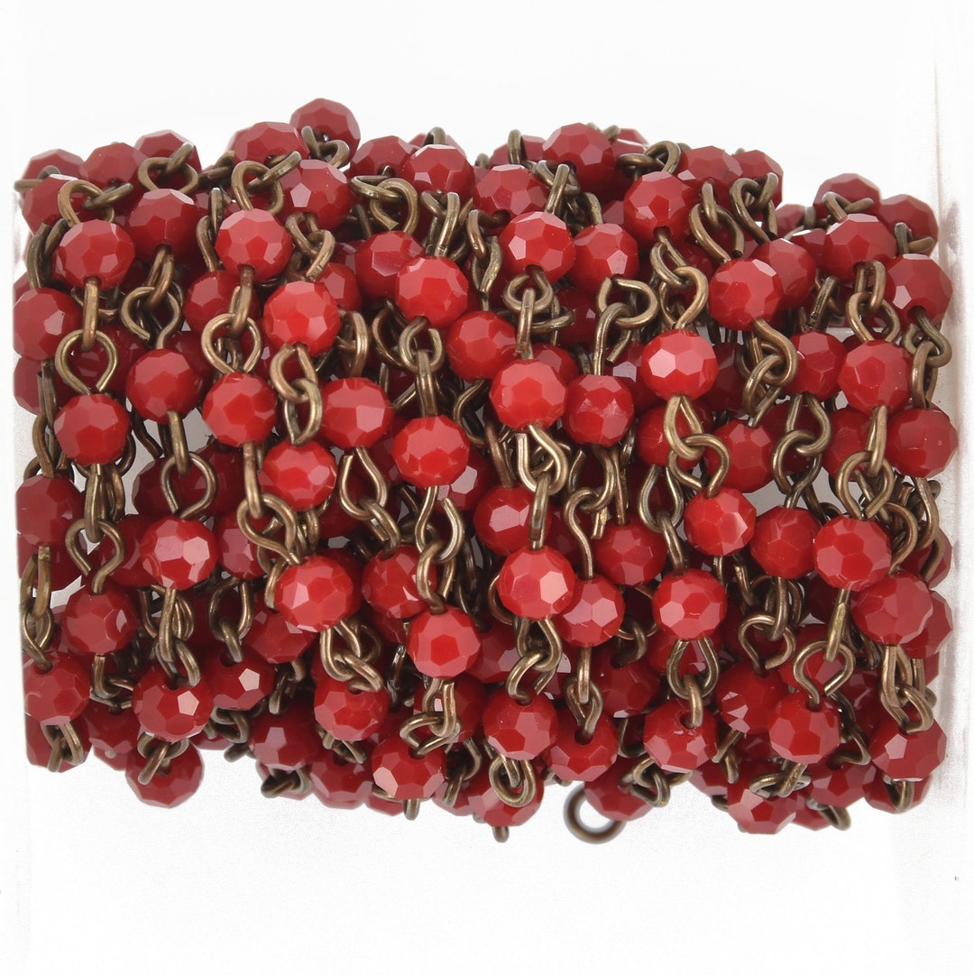 13 Feet Dark Red Crystal Rosary Chain, Bronze, 4mm Round Faceted Beads ...