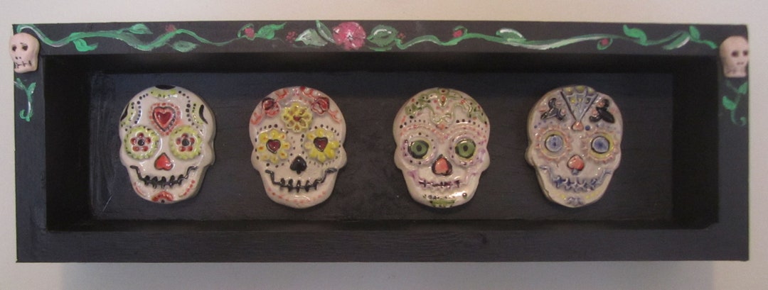 Sugar Skull Shadow Box 4 Hand Crafted / Painted Ceramic Skulls Hand ...