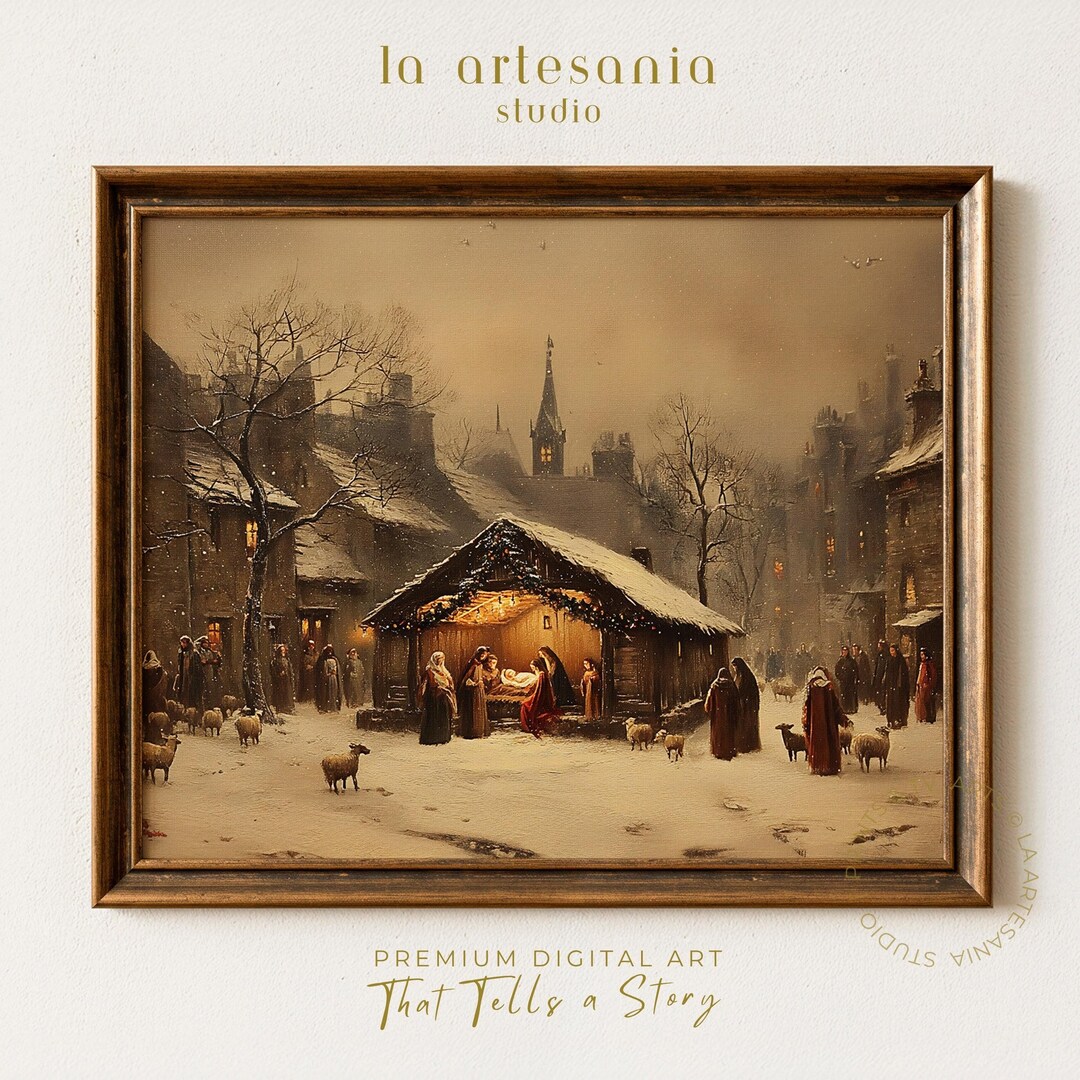Victorian Christmas Nativity Art - Snowy Street Holiday Scene (digital ...