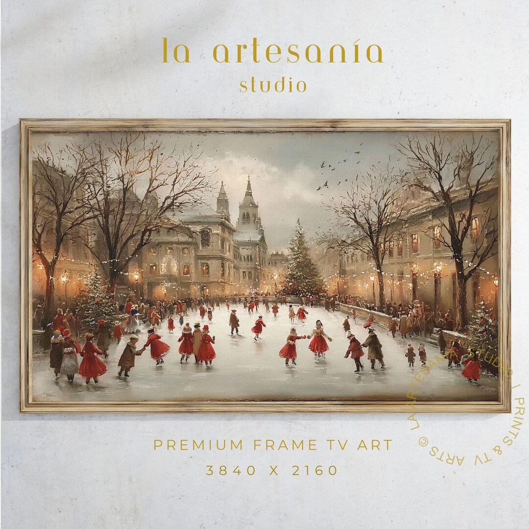 Vintage City Ice Skating Frame TV Art | Festive Winter Street Scene - Etsy
