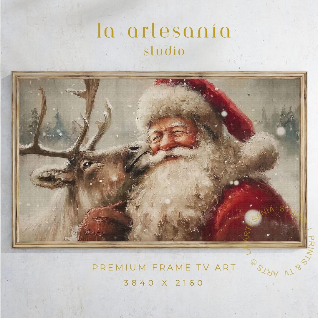 Jolly Santa and Reindeer Frame TV Art | Screensaver, Cozy Vintage ...