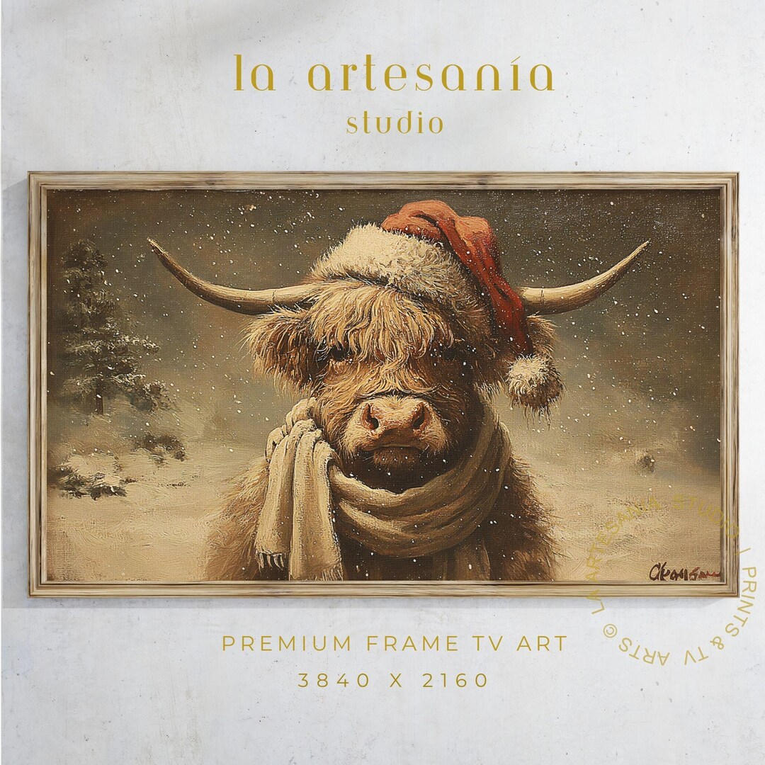 Christmas Highland Cow Frame TV Art | Screensaver, Rustic Winter Wall ...