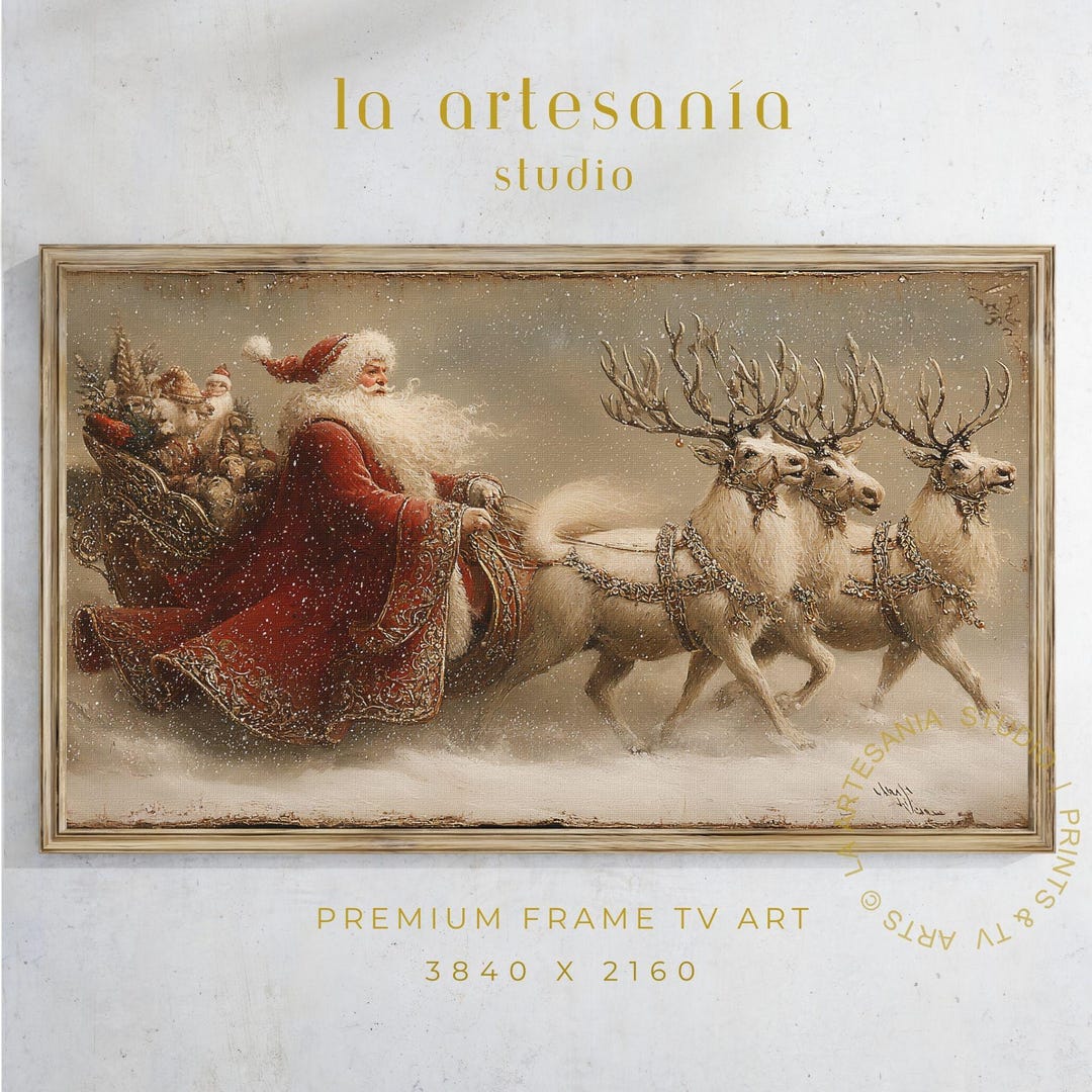 Santa Sleigh Reindeer Frame TV Art | Screensaver, Vintage Christmas ...