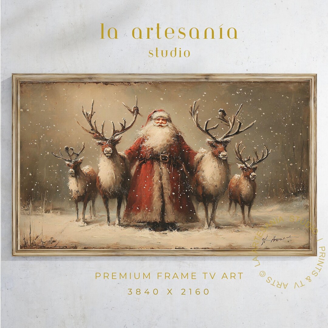 Santa and Reindeer Frame TV Art | Screensaver, Vintage Christmas Snowy ...