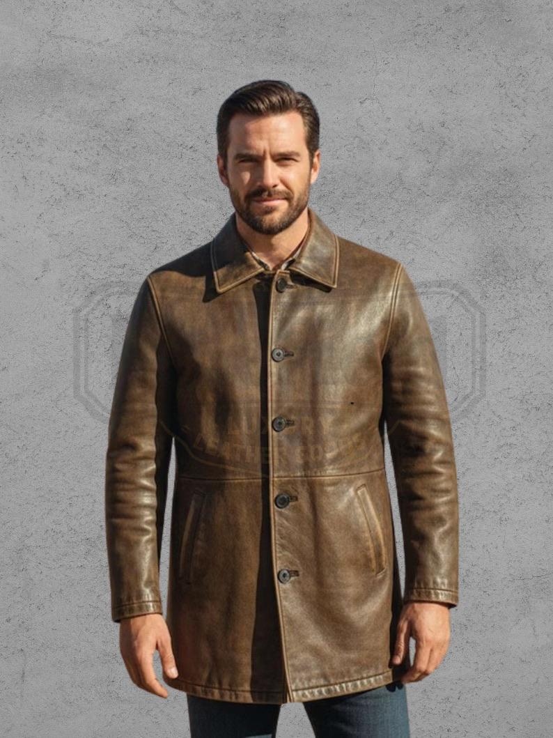 Men's Handmade Brown Leather Car Coat Vintage 3/4 Length Overcoat ...