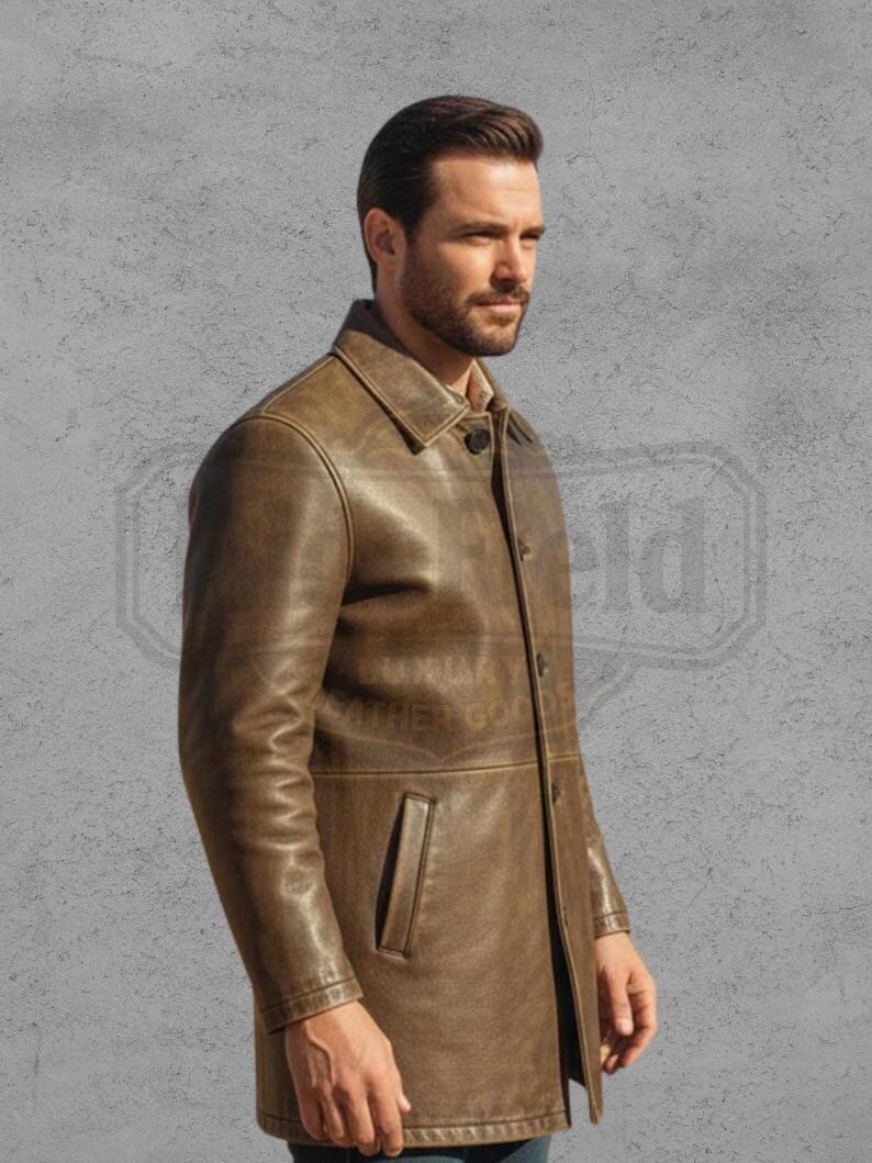 Men's Handmade Brown Leather Car Coat Vintage 3/4 Length Overcoat ...