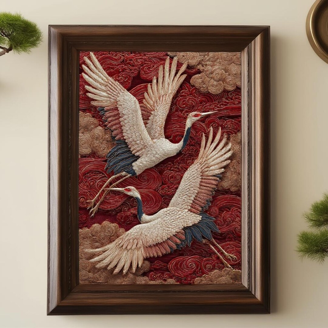 Japanese Cranes Line Art Print - Textured Oriental Bird Print - Elegant ...