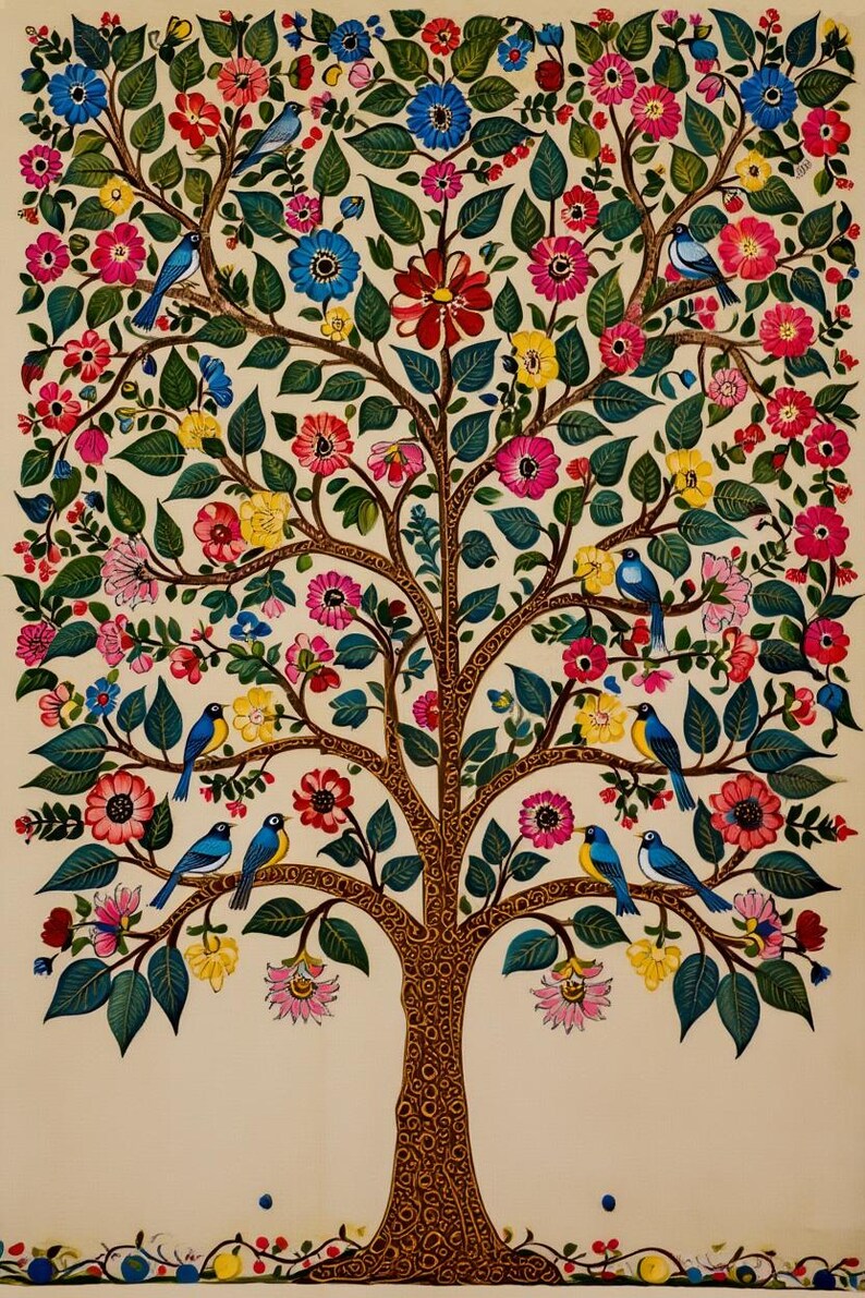 Pintura da Árvore da Vida Pichwai - Arte Folclórica Indiana Colorida ...