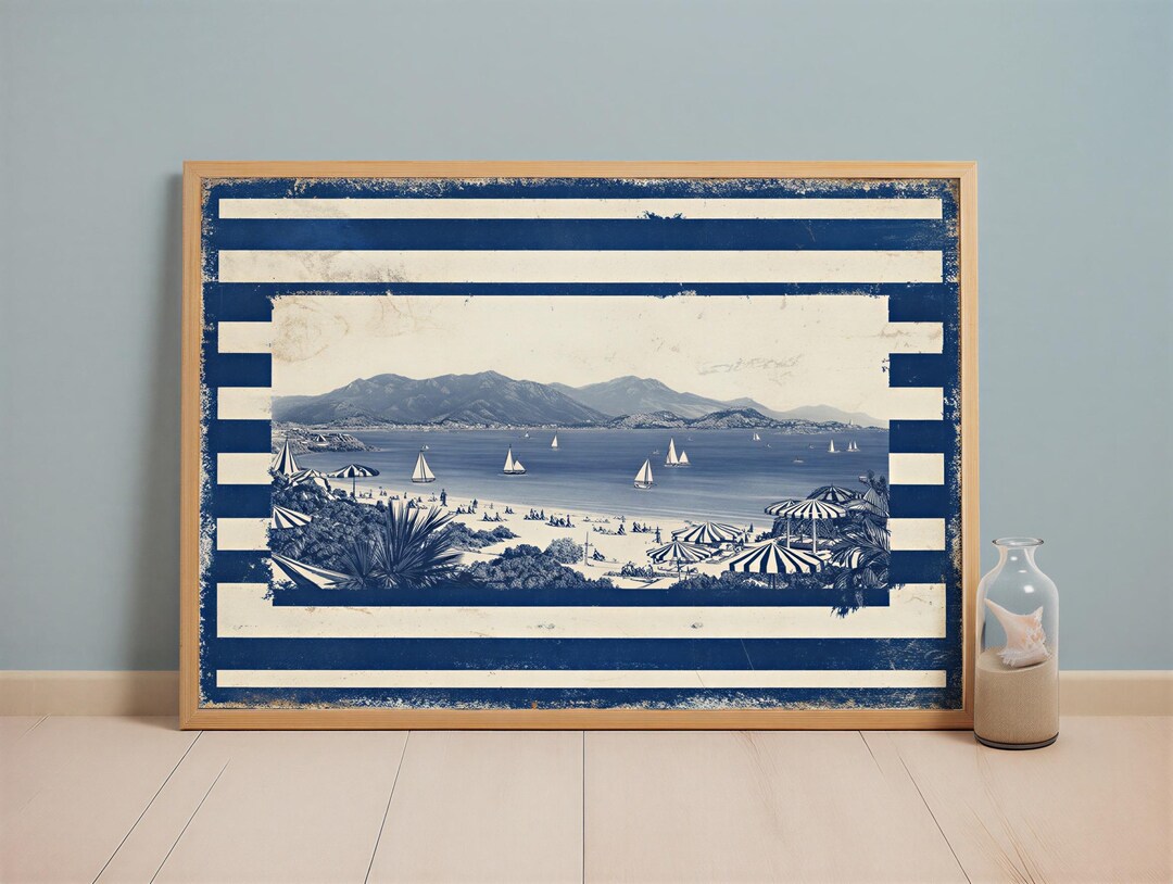 Vintage Elegance Beachy Wall Art: Bold Stripes Sailboat Print - Old ...
