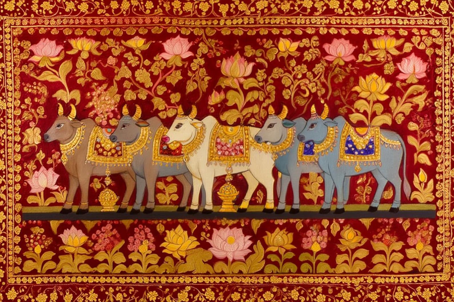 Pichwai Painting Cow Lotus Triptych | 3 Piece Wall Art Set | Indian ...