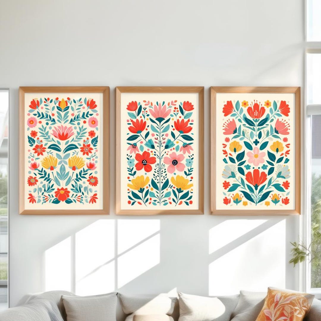 Rosemaling Scandinavian Folk Art Flower Print Set of 3 - Nordic Florals ...