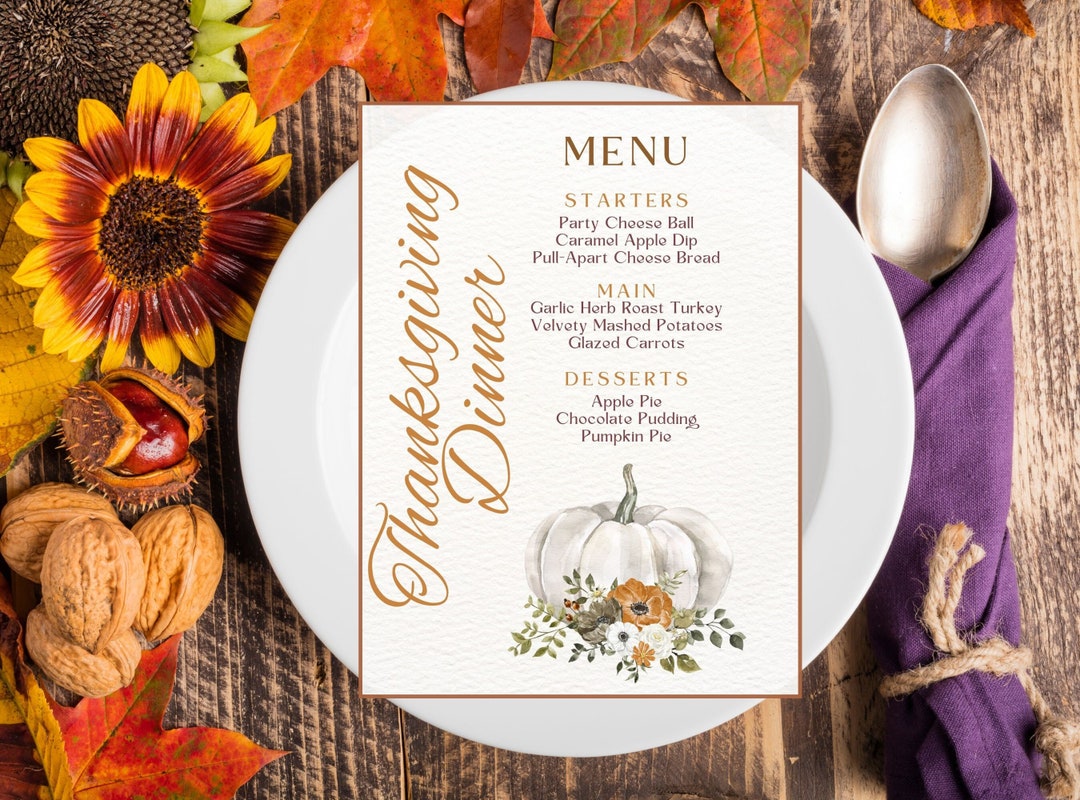 Editable Thanksgiving Dinner Menu, Minimalist Watercolor Design ...