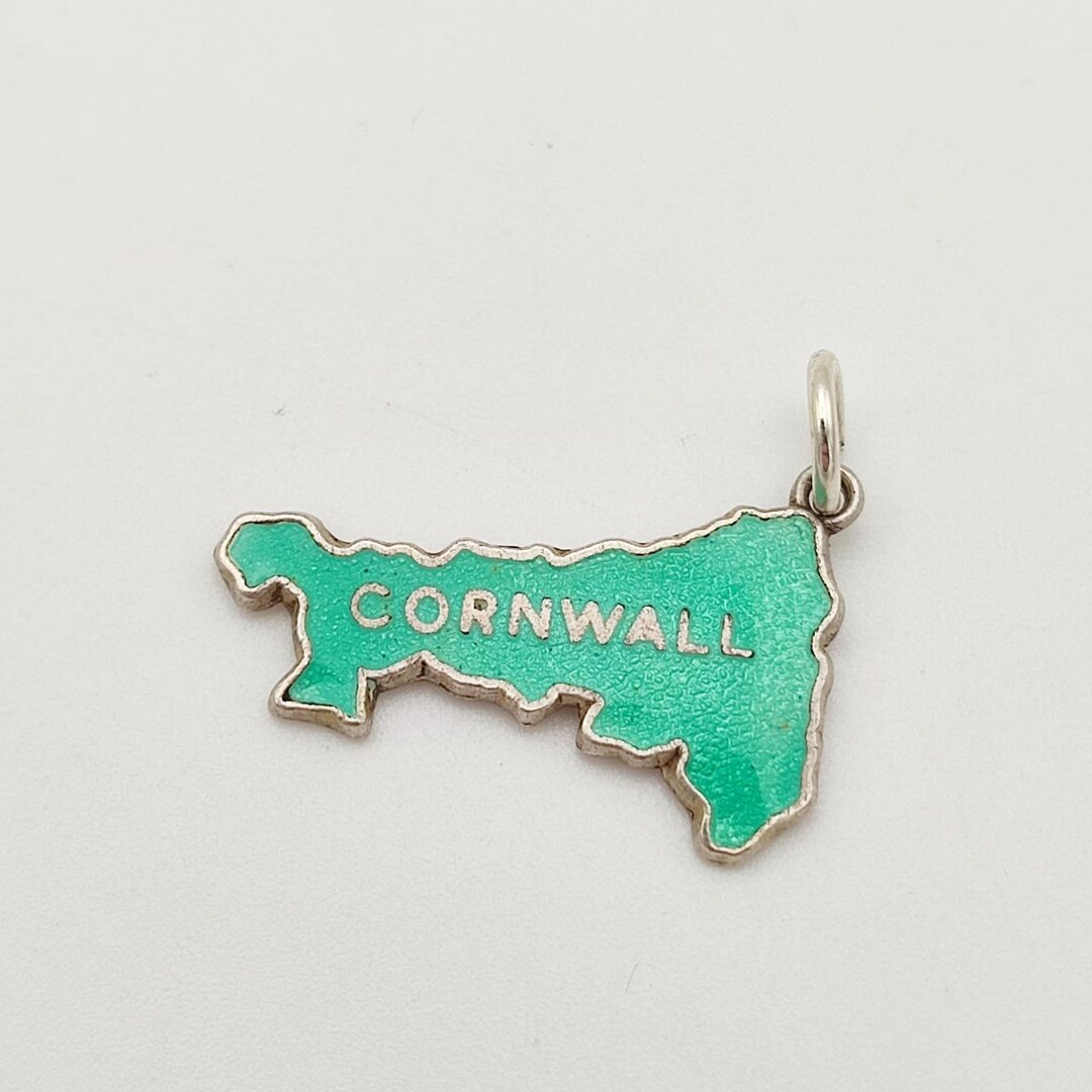 Vintage 925 Sterling Silver Cornwall Map Charm Green Enamel Souvenir ...