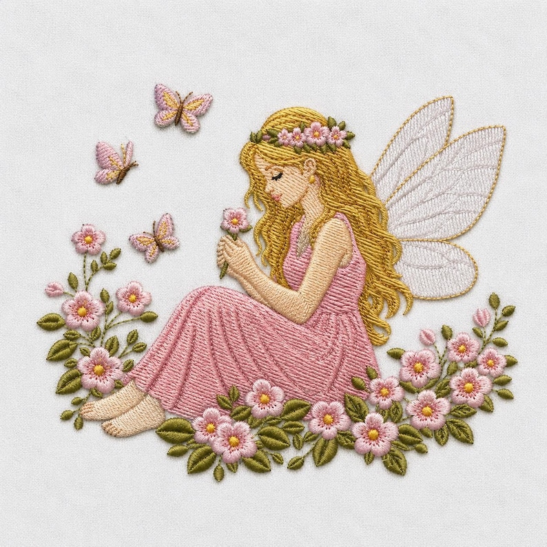 Pink Flower Fairy Embroidery Design, Pastel Fairycore Cottagecore ...