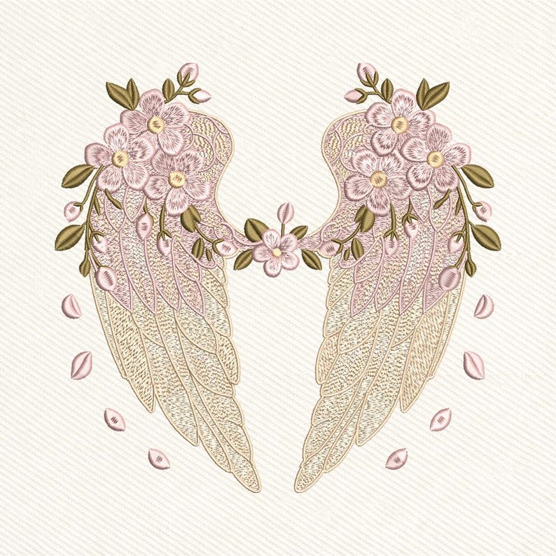 Floral Angel Wings Embroidery Design, Pastel Cottagecore Boho Blossom ...