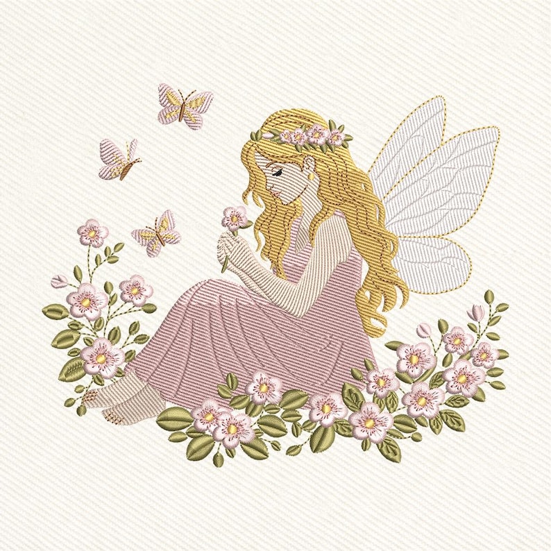 Pink Flower Fairy Embroidery Design, Pastel Fairycore Cottagecore ...