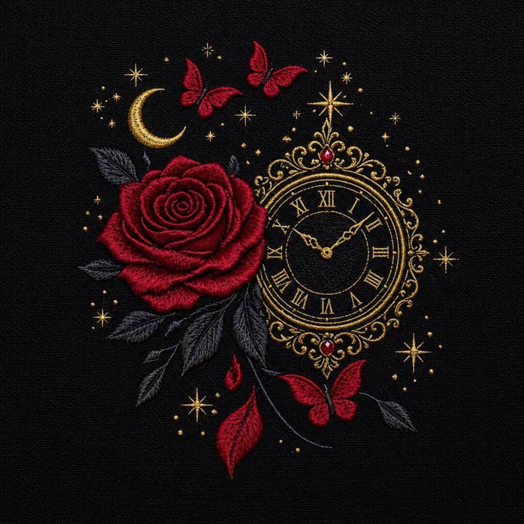 Vintage Rose Clock Embroidery Design, Gothic Floral Timepiece ...