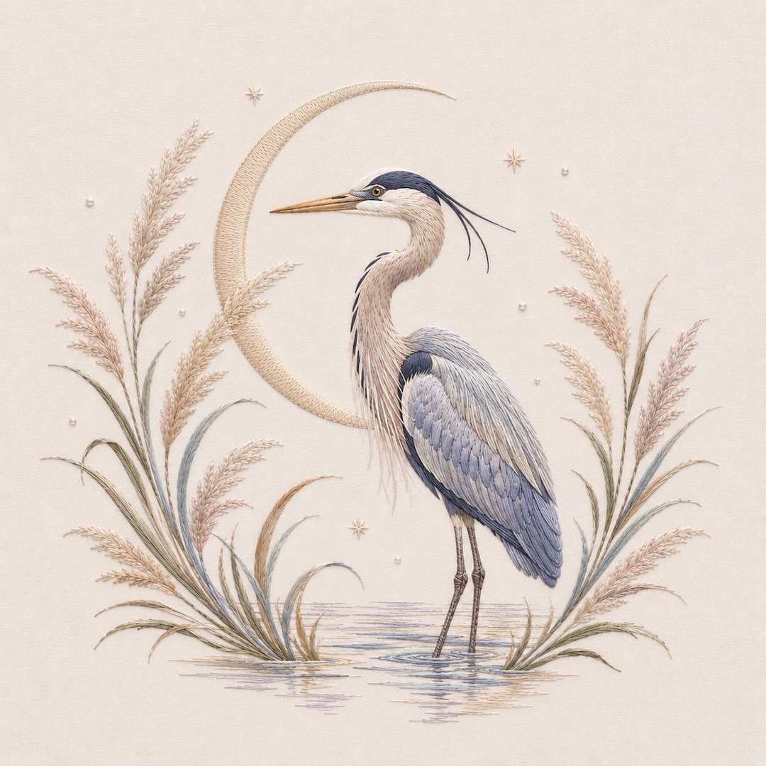Moon Heron Embroidery Design, Elegant Crane Machine Embroidery File ...
