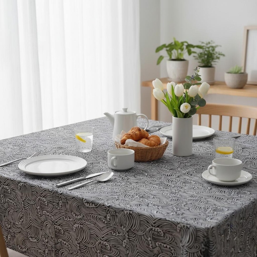 Japanese Style Linen Tablecloth – Blue Wave Dining Table Cover - Etsy