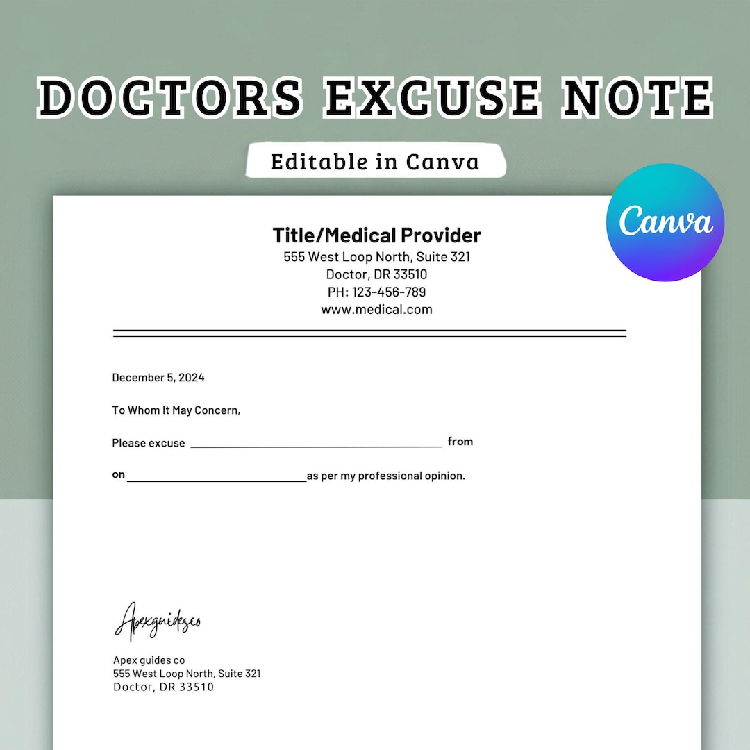 Doctor Excuse Note Template, Medical Letter for Work or School, Sick ...