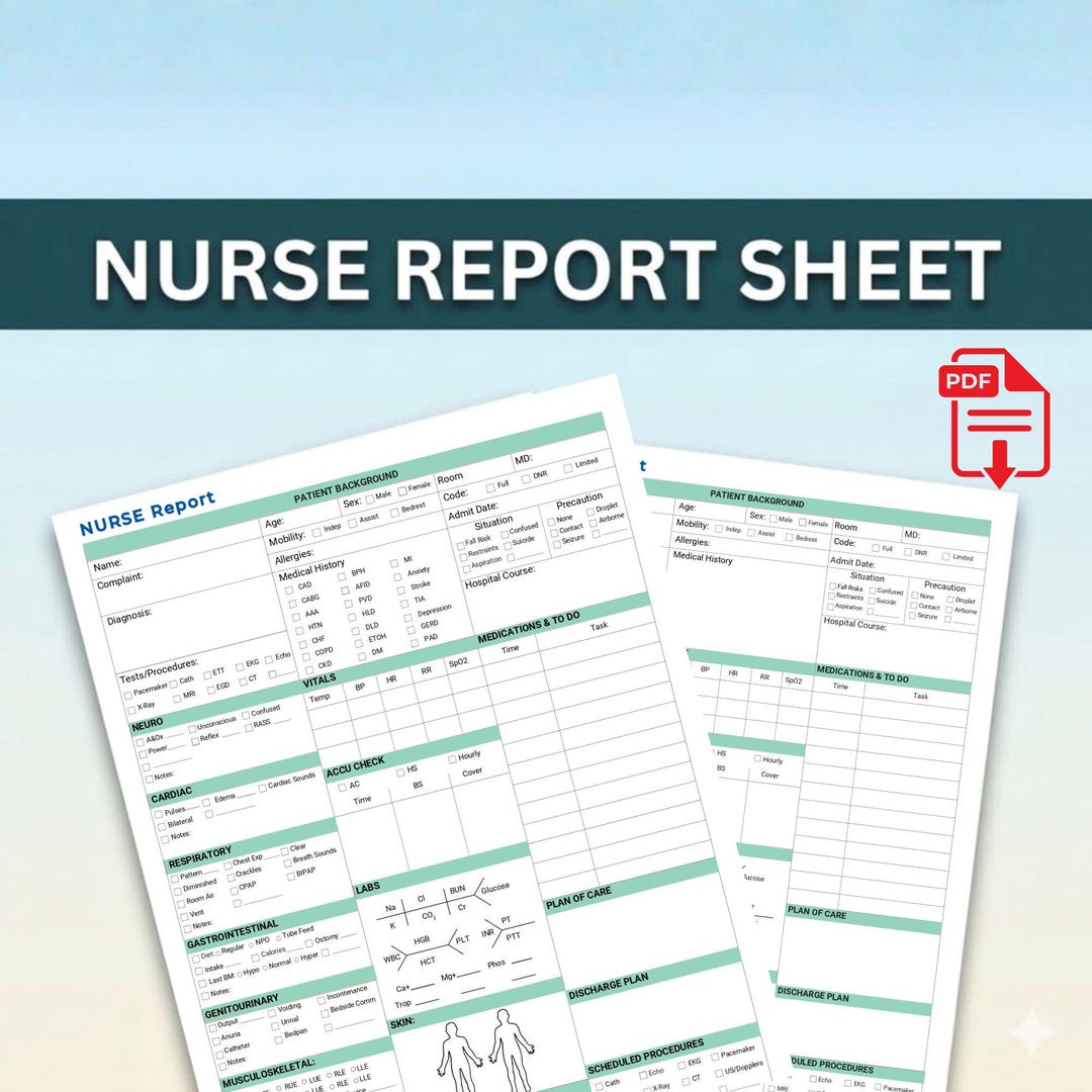 ICU & Med-surg Nurse Report Sheets | 3-page Handoff and Patient History ...