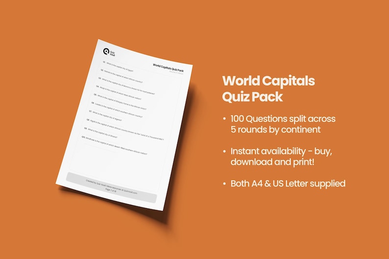 World Capitals Quiz: 100 Geography Trivia Questions (PDF) - Etsy