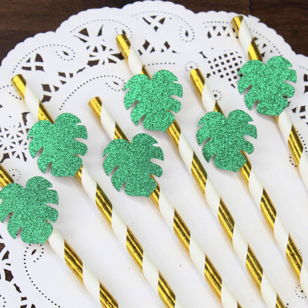 Green Tropical Leaf Paper Straws - Jungle Party - Flamingo Party ...