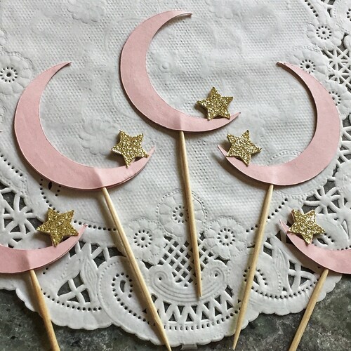Light Pink Moon and Gold Glitter Star Cupcake Toppers - Etsy