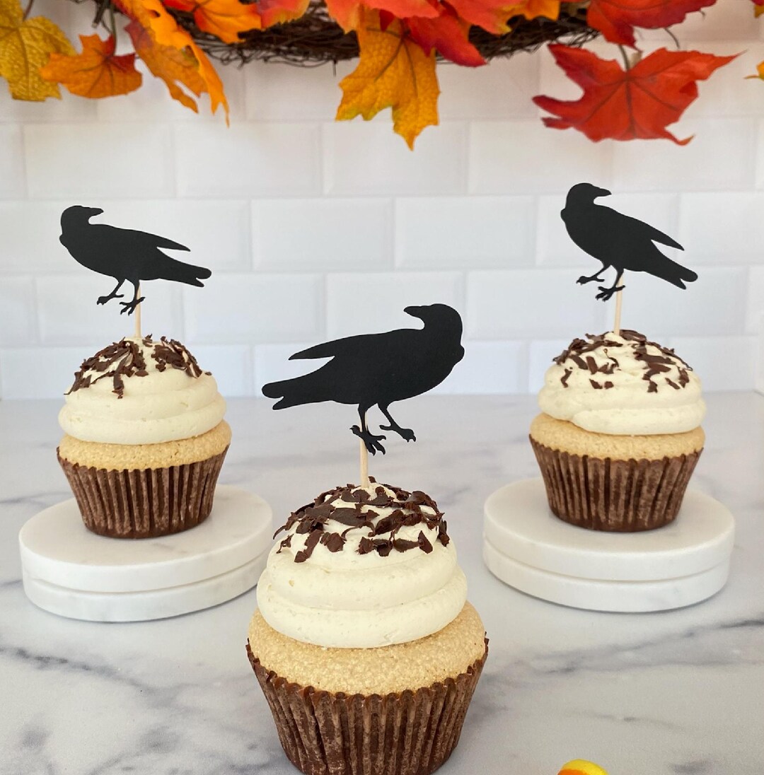 Black Raven Cupcake Toppers - Black Crow Food Picks - Halloween Cupcake ...