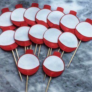 Fishing Bobber Cupcake Toppers - Red & White Fishing Theme Party - O ...