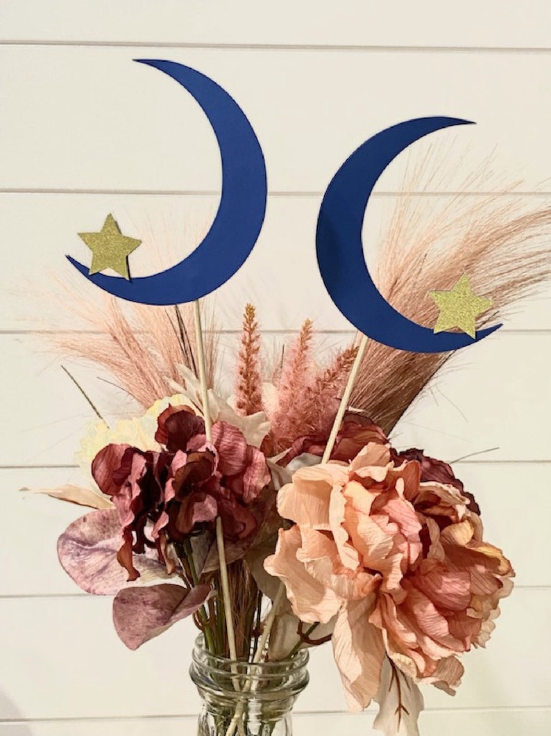 Navy Moon and Gold Glitter Star Centerpiece Picks Celestial - Etsy