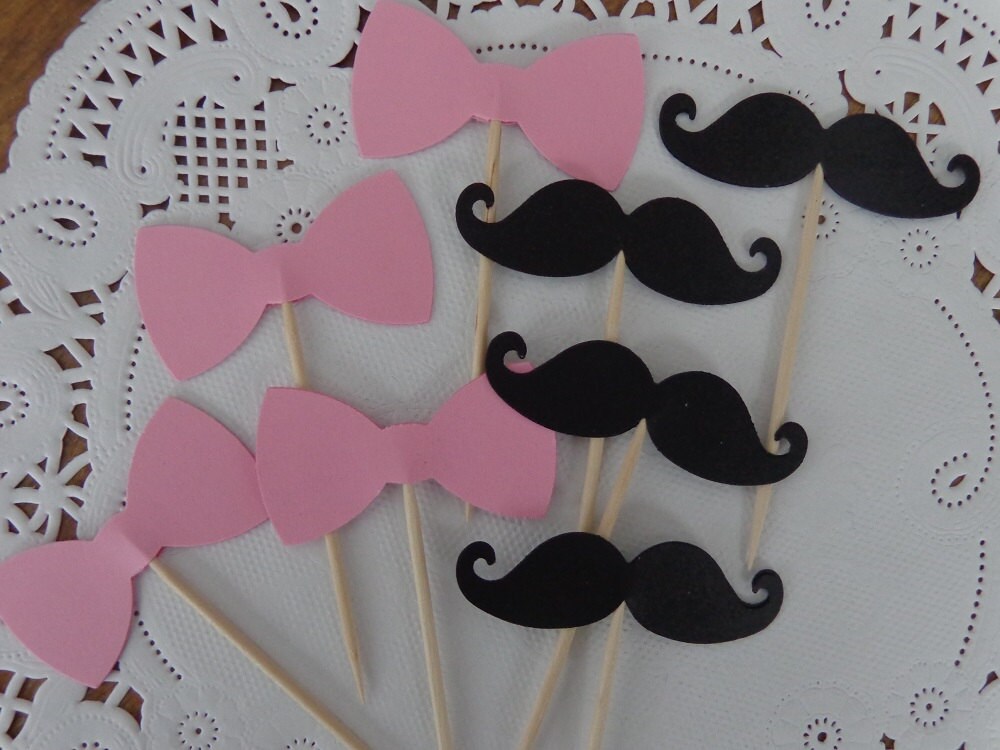 Bigote negro y lazo rosa Cupcake Toppers - Food Picks - Party Picks ...