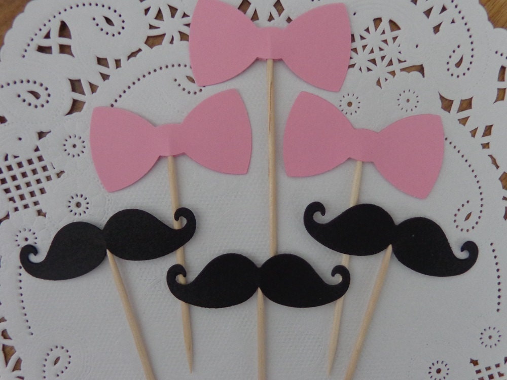 Bigote negro y lazo rosa Cupcake Toppers - Food Picks - Party Picks ...