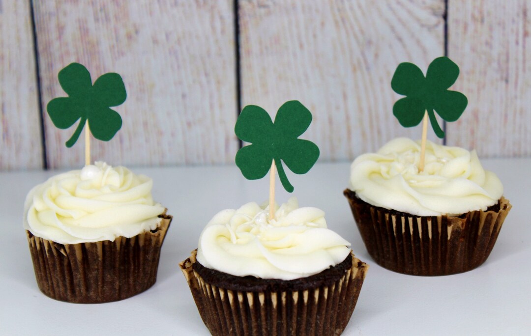 Green Shamrock Cupcake Toppers - Food Picks - Party Picks, Four Leaf ...