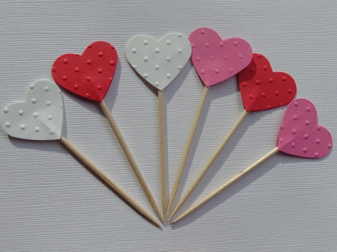 Pink White Red Embossed Dot Heart Party Picks | Etsy