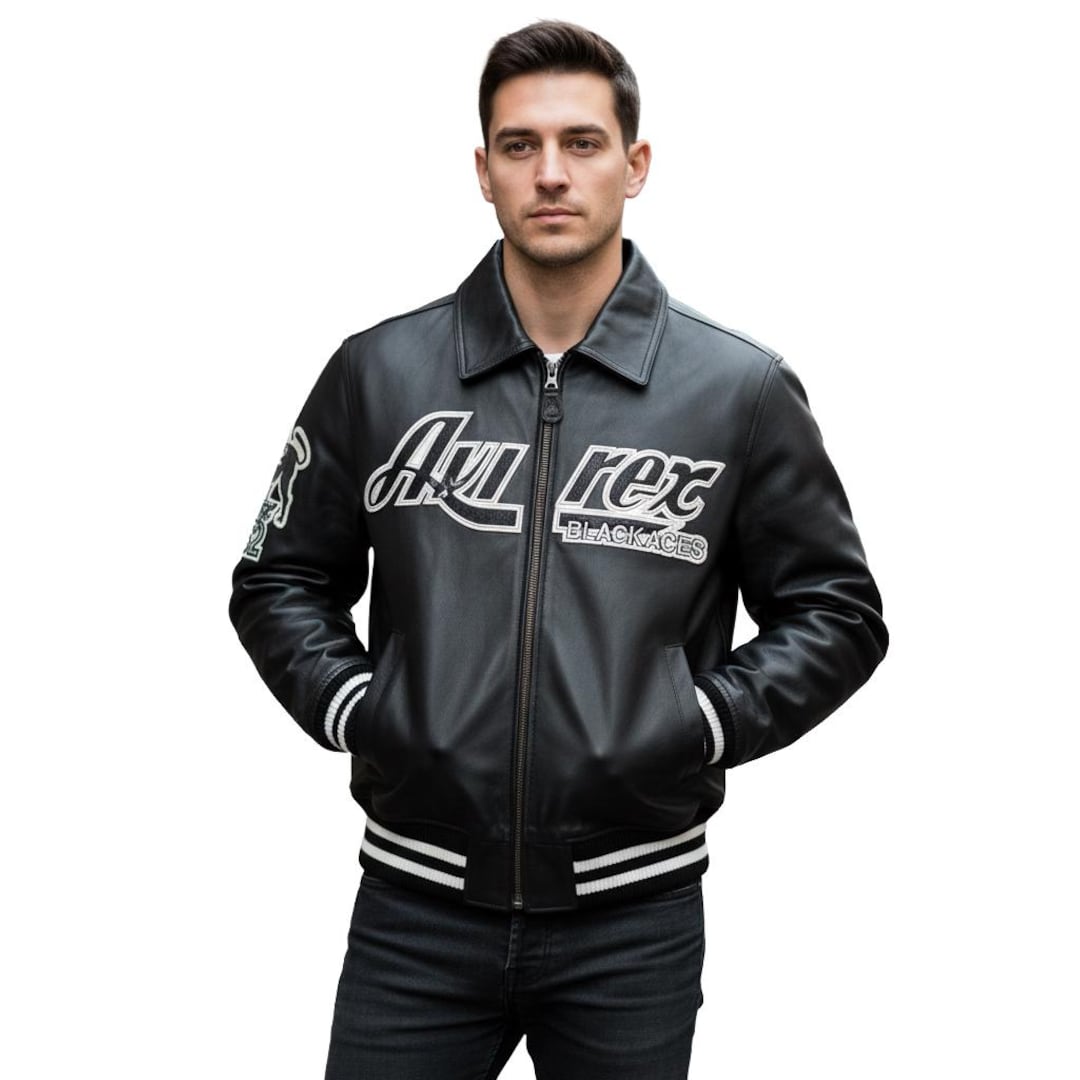 Avirex Men’s Black Ace Leather Flight Jacket | Classic American Bomber ...