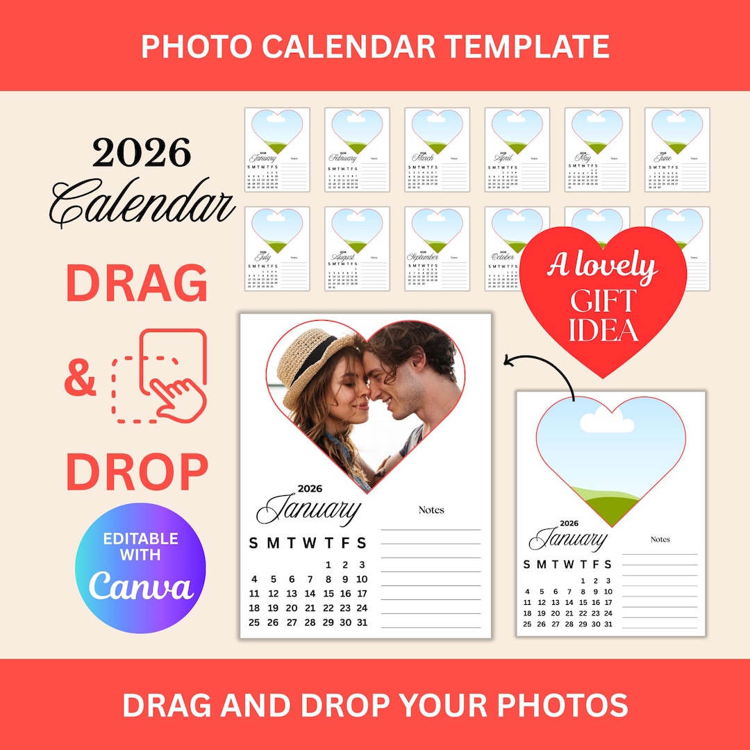 Heart Shaped Calendar Template 2026, Whole Year Photo Calendar Template ...