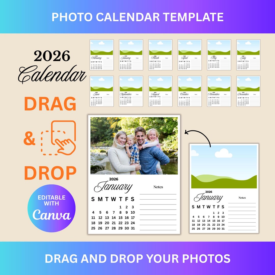2026 Photo Calendar Template Editable, Year Long Calendar, Customizable ...