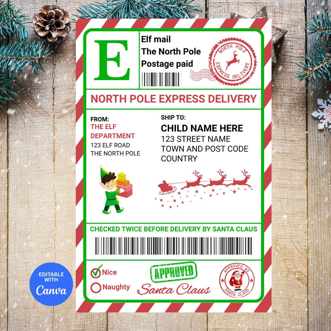 Elf Postage Label, Template Editable, Elf Mail Shipping Label, Elf ...