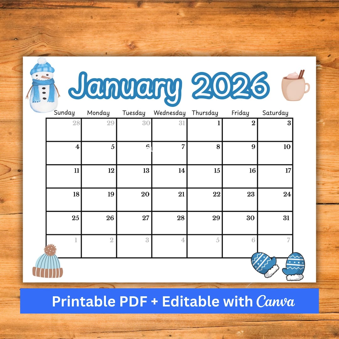 January 2026 Calendar Printable and an Editable Canva Template, Winter ...